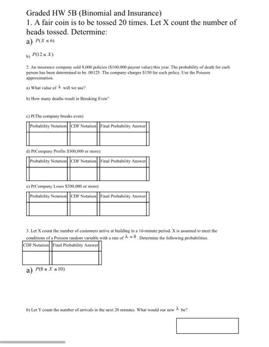 Solved Graded HW 5B (Binomial and Insurance) 1. A fair coin | Chegg.com