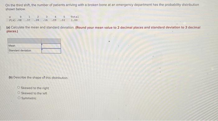 Solved On the third shift, the number of patients arriving | Chegg.com