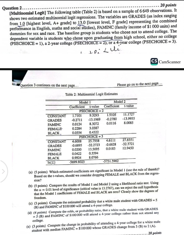 Solved [Multinomial Logit] ﻿The following table (Table 2) | Chegg.com
