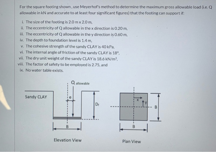 Solved For the square footing shown, use Meyerhof's method | Chegg.com