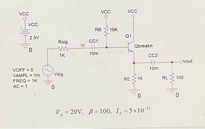 Solved VCC • 1 VCC 2.5V 0 VOFF = 0 VAMPL = 1m FREQ = 1K AC = | Chegg.com