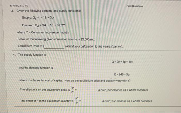 Solved 3. Given the following demand and supply functions: | Chegg.com
