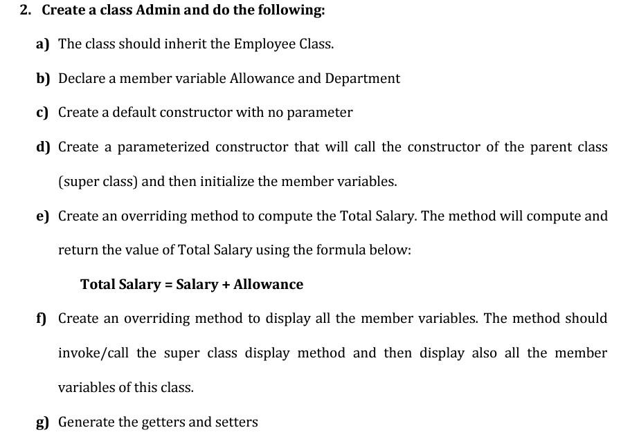 Solved 2. Create a class Admin and do the following: a) The | Chegg.com