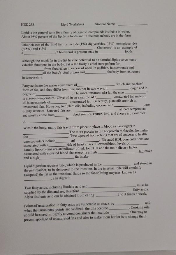 HED 235 Lipid Worksheet Student Name Lipid is the | Chegg.com
