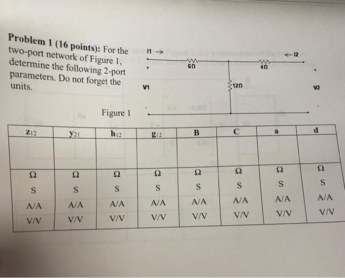 Solved Problem 1 (16 points): For the two-port network of | Chegg.com