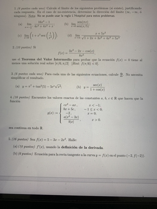 Solved 1. (6 puntos cada uno) Calcule el límite de los | Chegg.com