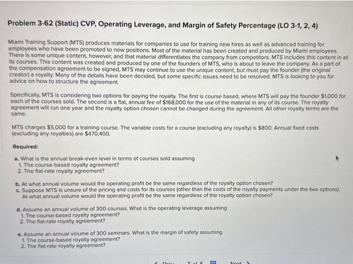 Solved Problem 3-62 (Static) CVP, Operating Leverage, and | Chegg.com