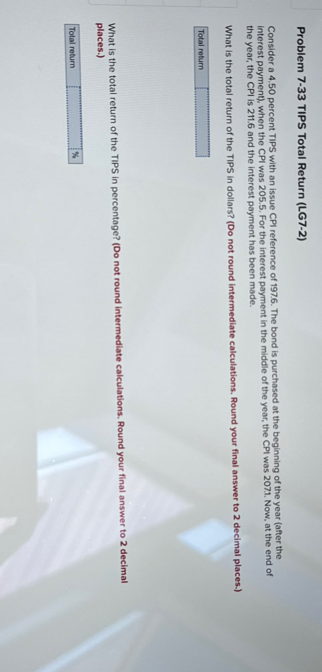 Solved Problem 7-33 ﻿TIPS Total Return (LG7-2)Consider a | Chegg.com