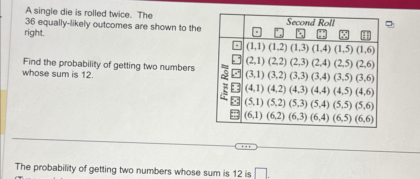 Solved A single die is rolled twice. The 36 ﻿equally-likely | Chegg.com