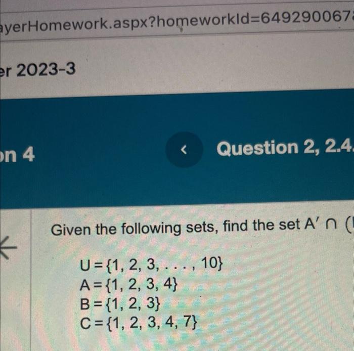 Given the following sets, find the set A′∩ | Chegg.com