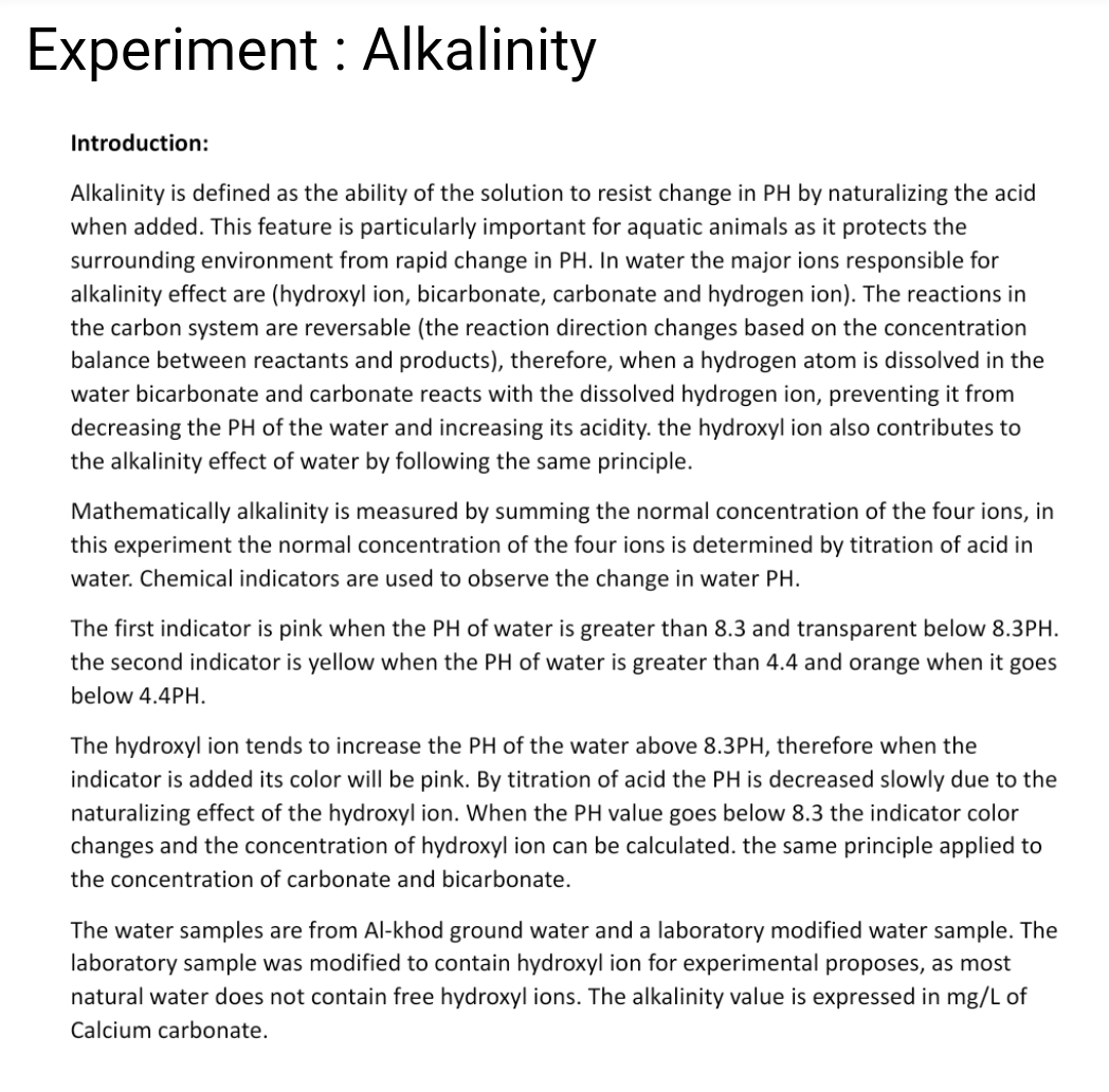 Solved Experiment : Alkalinity Introduction: Alkalinity is | Chegg.com