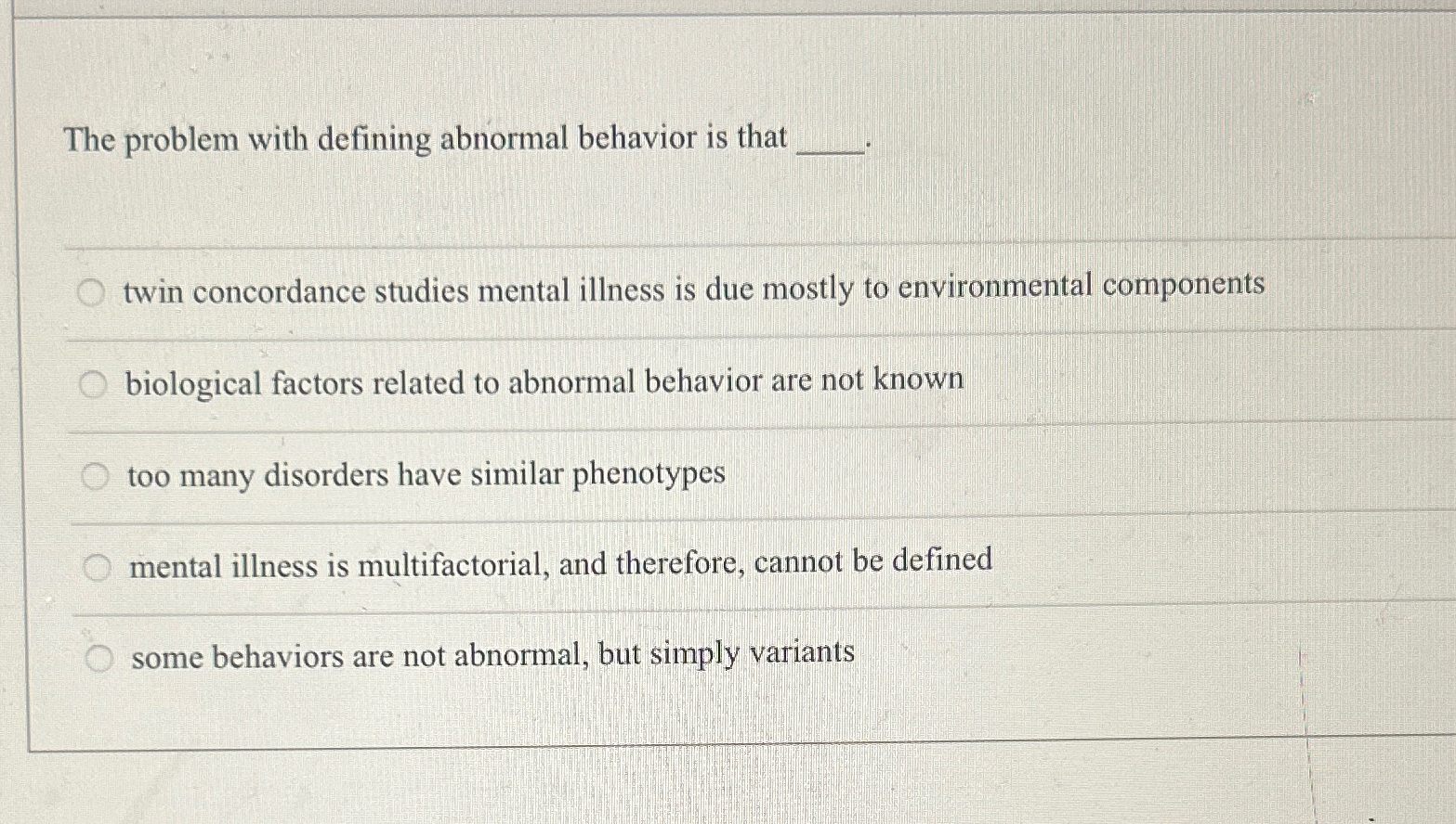Solved The problem with defining abnormal behavior is | Chegg.com