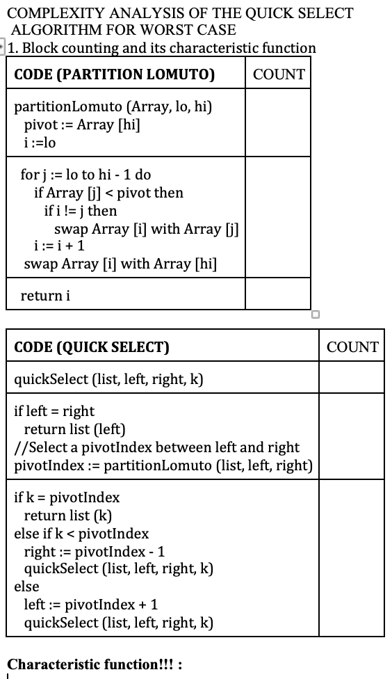 Solved COMPLEXITY ANALYSIS OF THE QUICK SELECTALGORITHM FOR | Chegg.com