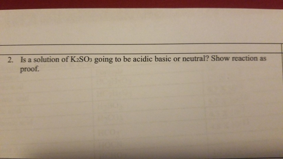 Solved 2. Is a solution of K2SO3 going to be acidic basic or | Chegg.com