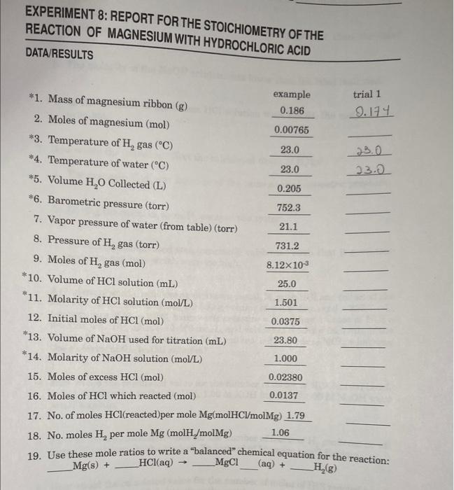 Solved EXPERIMENT 8: REPORT FOR THE STOICHIOMETRY OF THE | Chegg.com