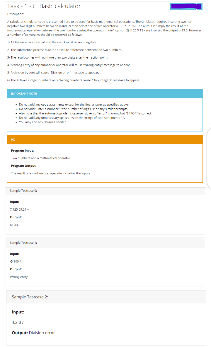 Solved Task - 1 - C: Basic calculator Description: A | Chegg.com
