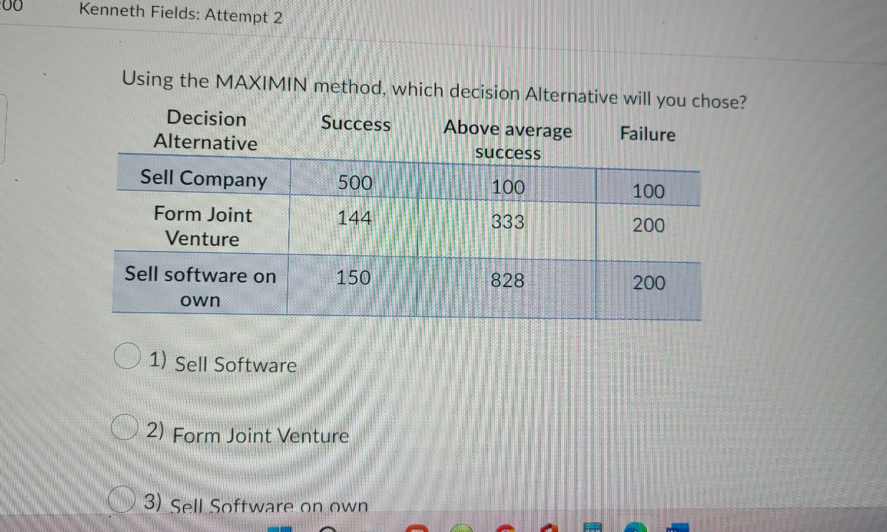 Solved Kenneth Fields: Attempt 2 Using the MAXIMIN method, | Chegg.com