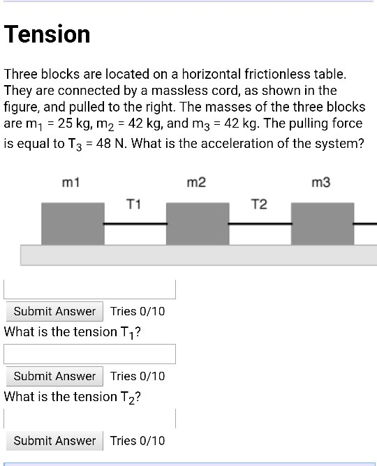 Solved Tension Three blocks are located on a horizontal | Chegg.com