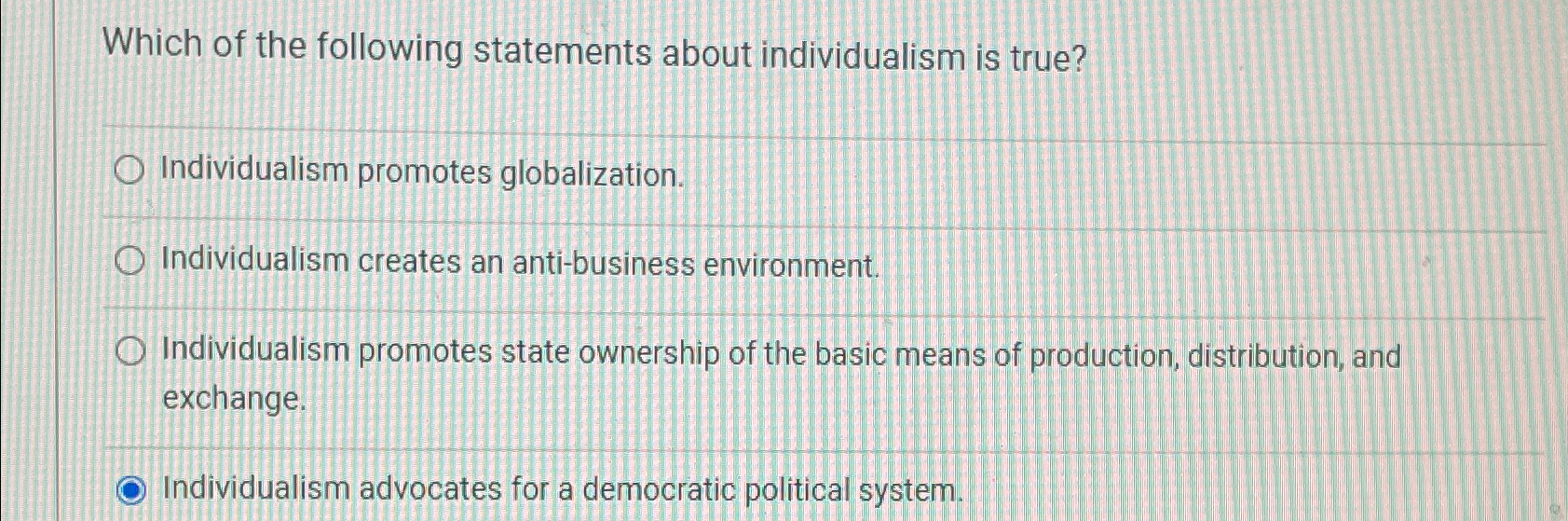 Solved Which of the following statements about individualism | Chegg.com