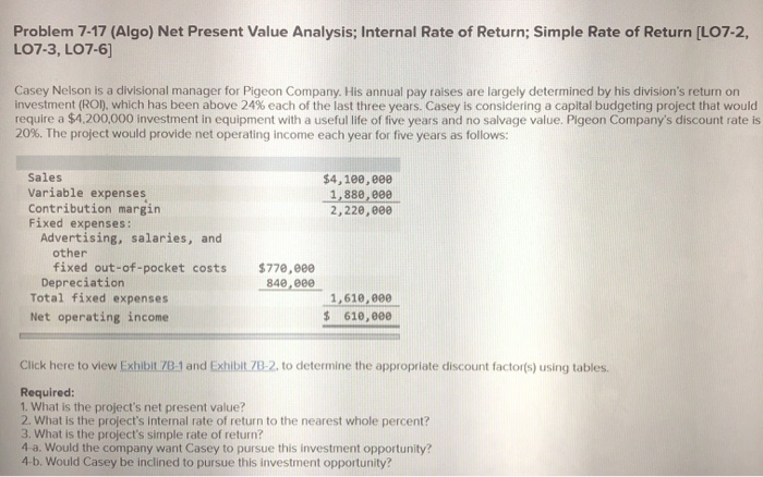 Solved Problem 7-17 (Algo) Net Present Value Analysis; | Chegg.com