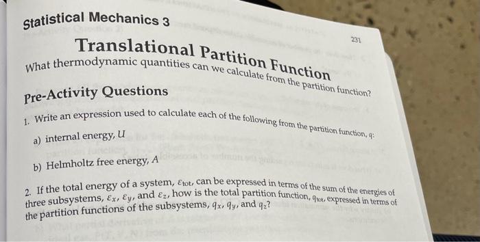 Solved Statistical Mechanics 3 231 Translational Partition | Chegg.com