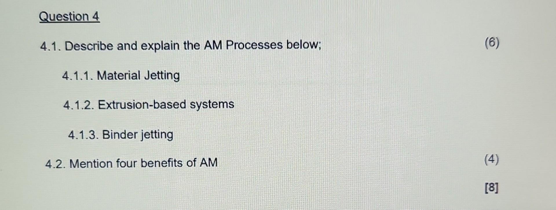 Solved 4.1. Describe and explain the AM Processes below; (6) | Chegg.com