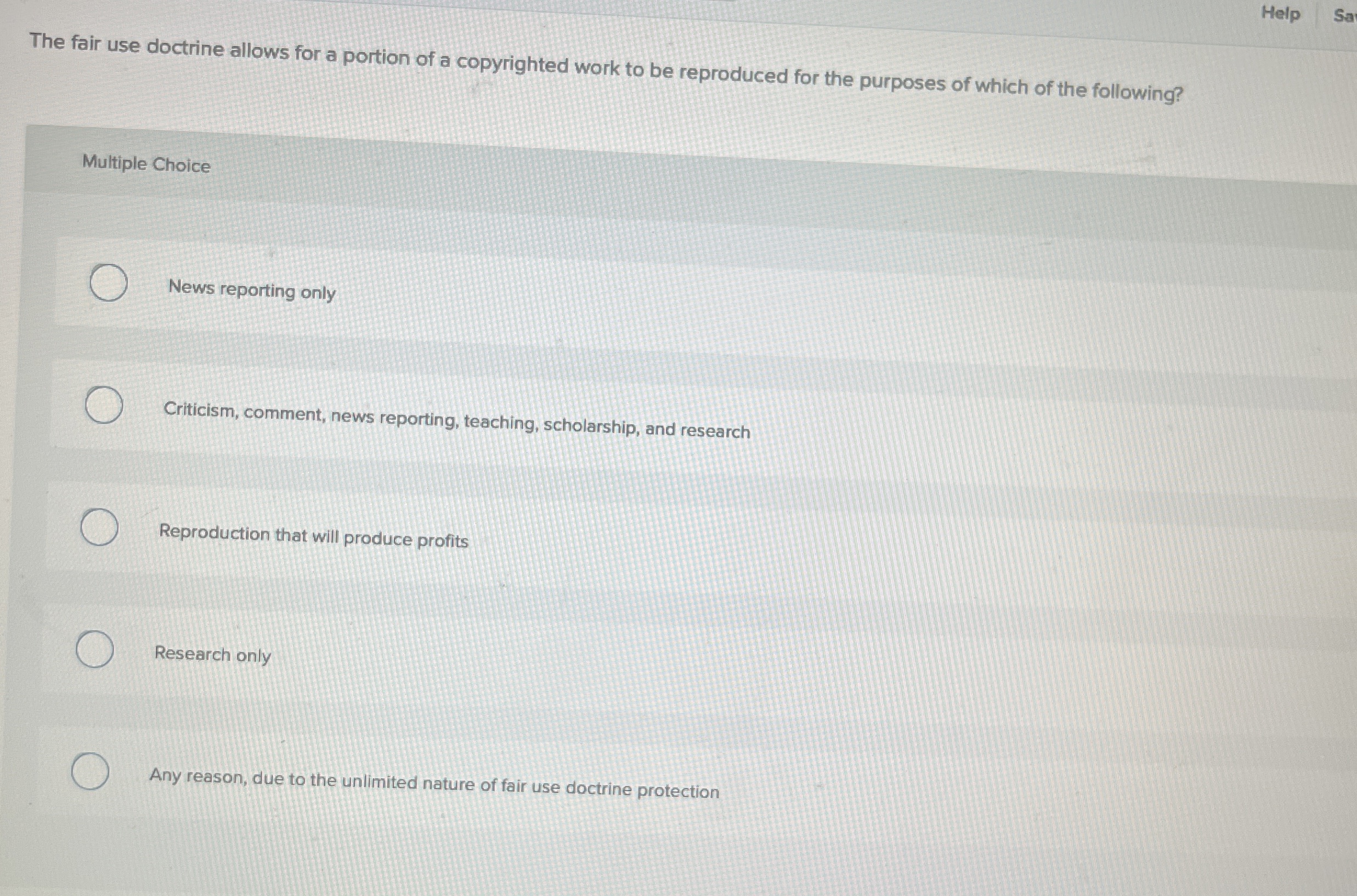 Solved The fair use doctrine allows for a portion of a | Chegg.com