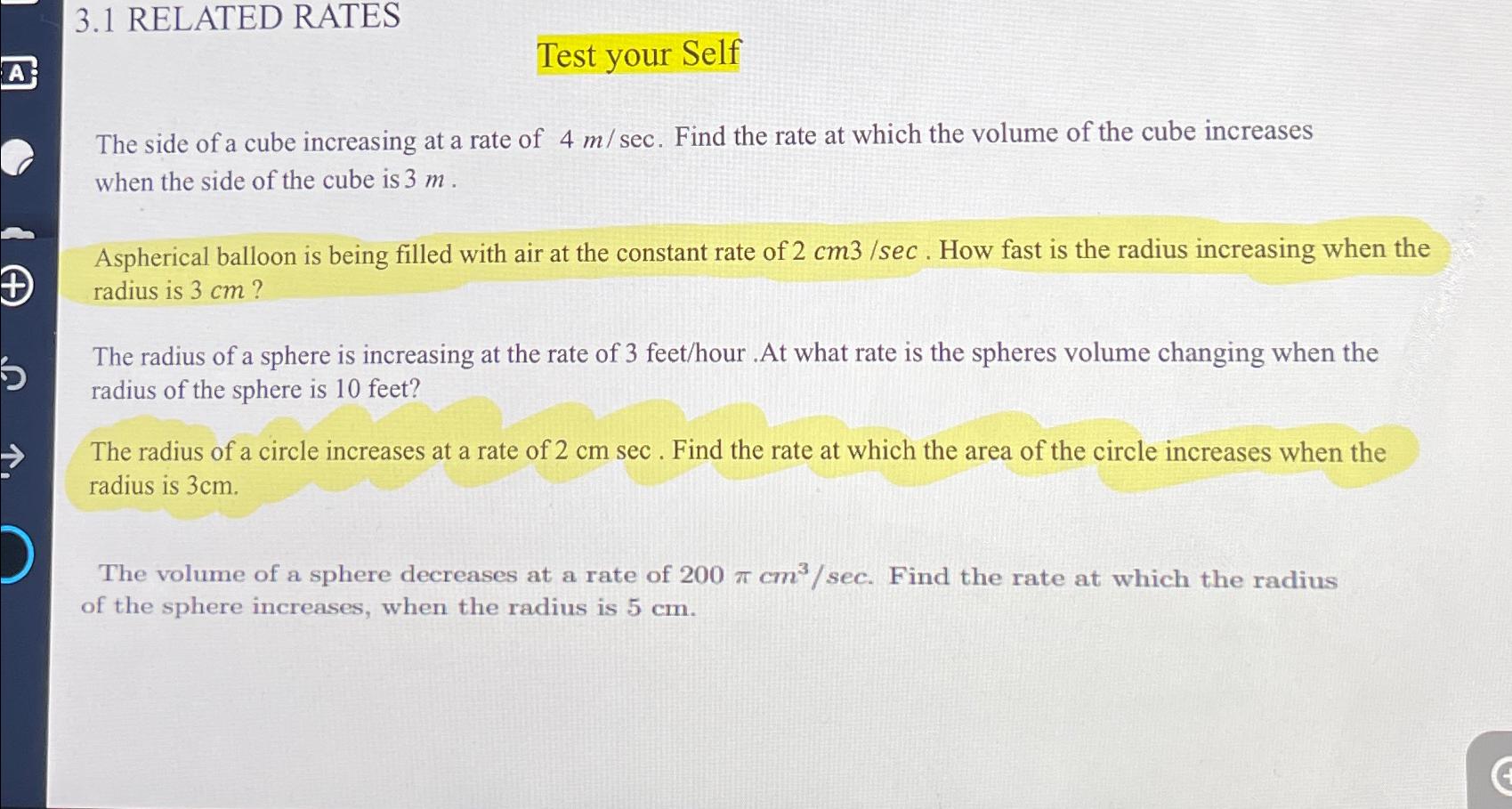 Solved 3.1 ﻿RELATED RATESTest your Self1-the side of a cube | Chegg.com