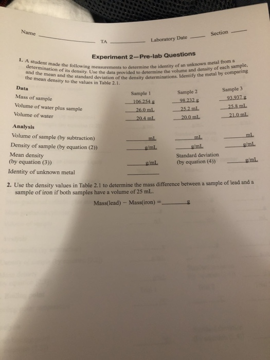 Name Section Laboratory Date - Experiment 2-Pre-lab | Chegg.com
