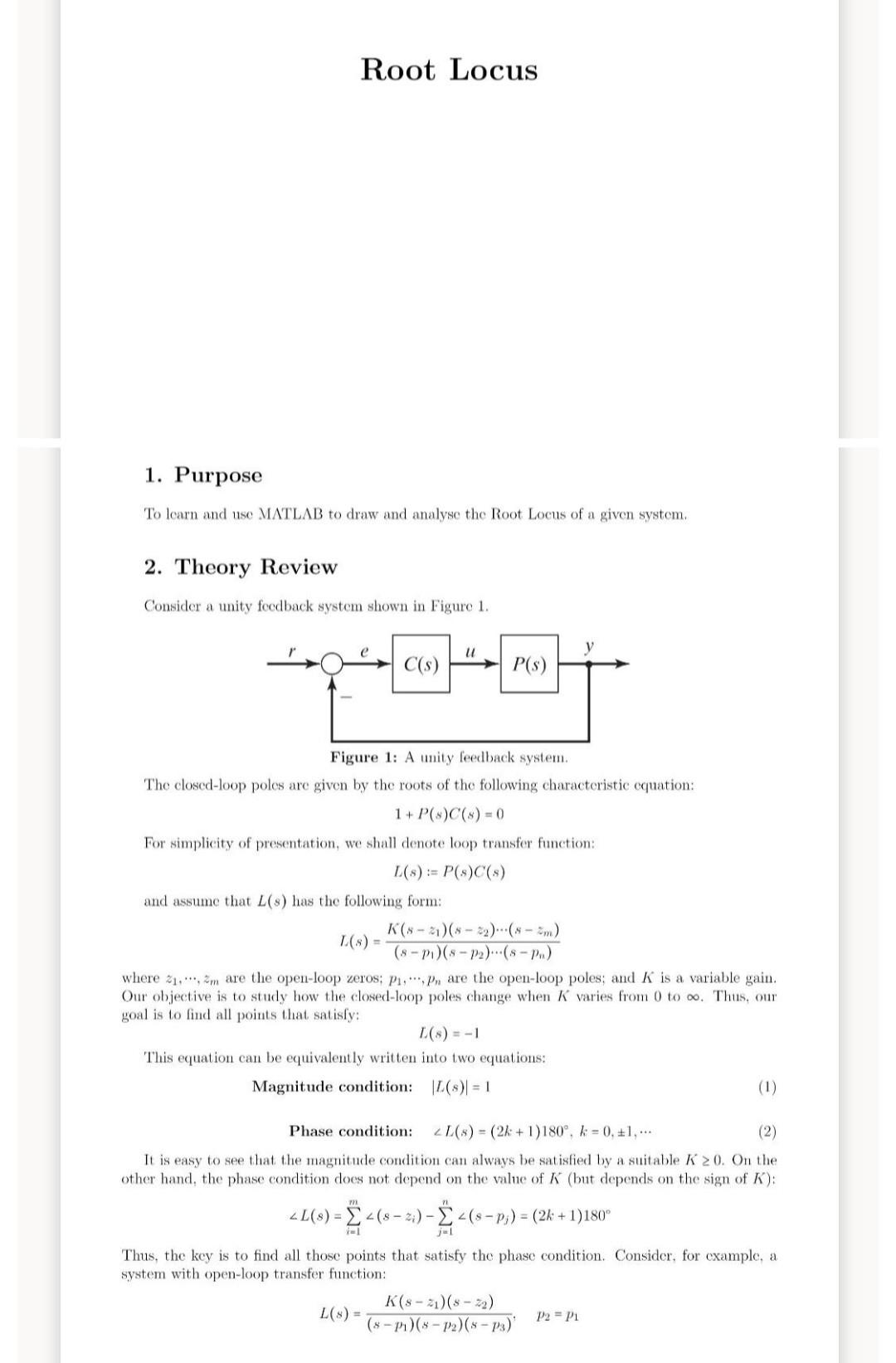 Solved Root Locus 1. Purpose To learn and use MATLAB to draw | Chegg.com