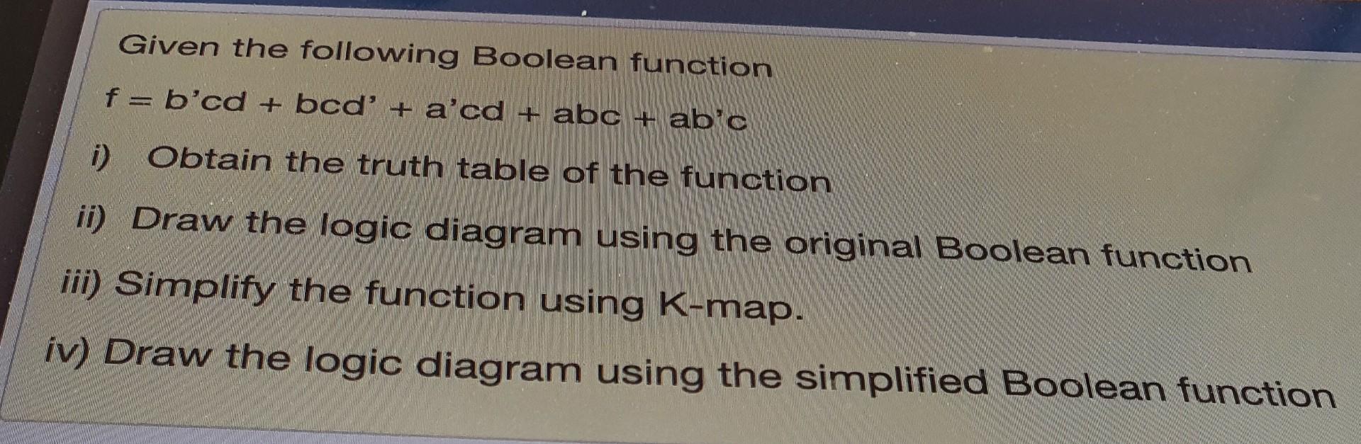 Solved Given the following Boolean function f=b'cd + bcd' + | Chegg.com
