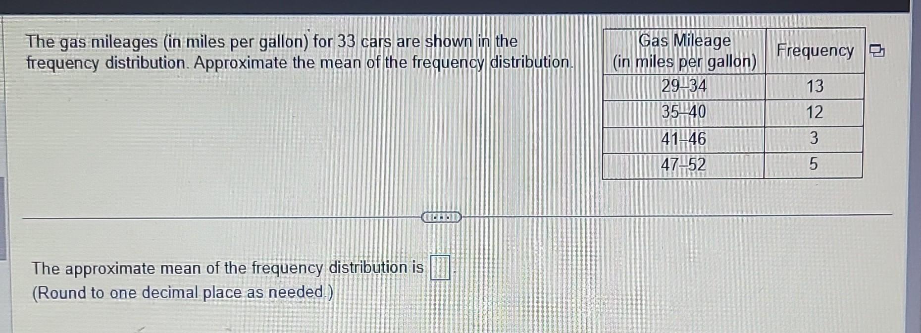Solved The gas mileages (in miles per gallon) for 33 cars | Chegg.com