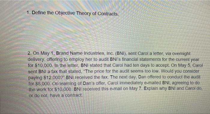 Solved 1. Define the Objective Theory of Contracts. 2. On | Chegg.com