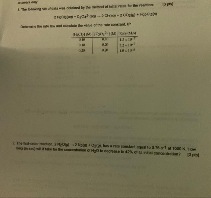 Solved 1 The Following Set Of Data Was Obtained By The