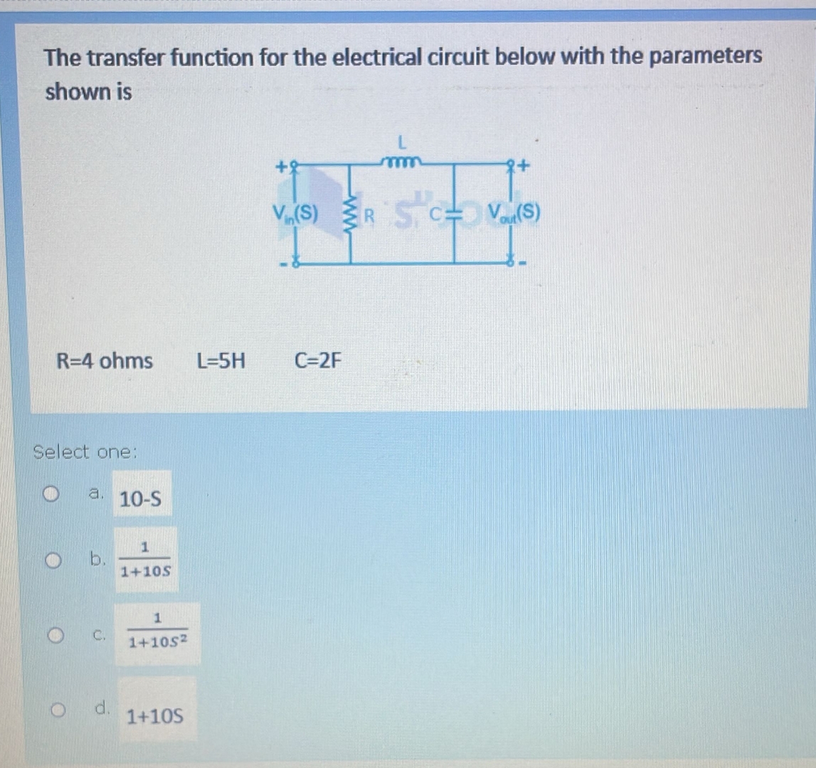 Solved The transfer function for the electrical circuit | Chegg.com