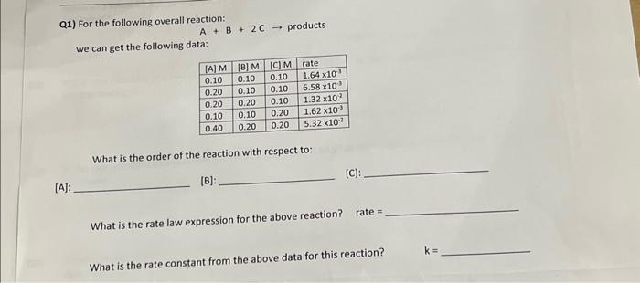 Solved Q1) For the following overall reaction: A+B+2C→ | Chegg.com
