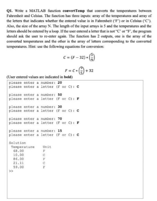 Solved Q1. Write a MATLAB function convert Temp that | Chegg.com