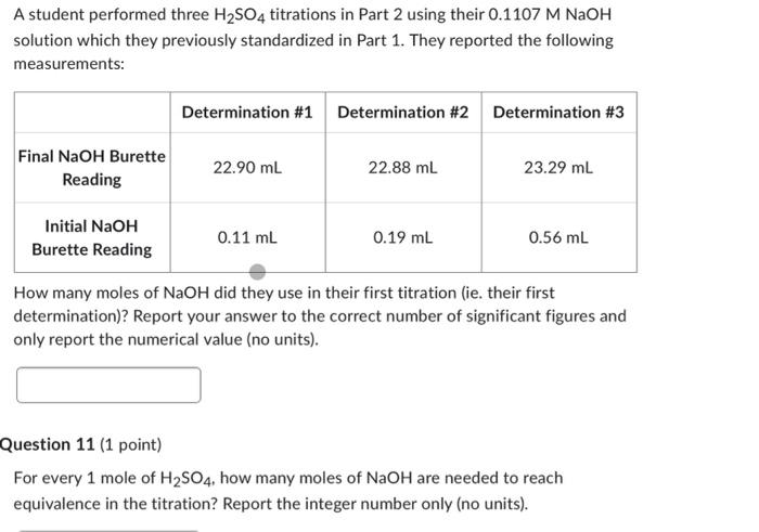 Solved A student performed three H2SO4 titrations in Part 2 | Chegg.com