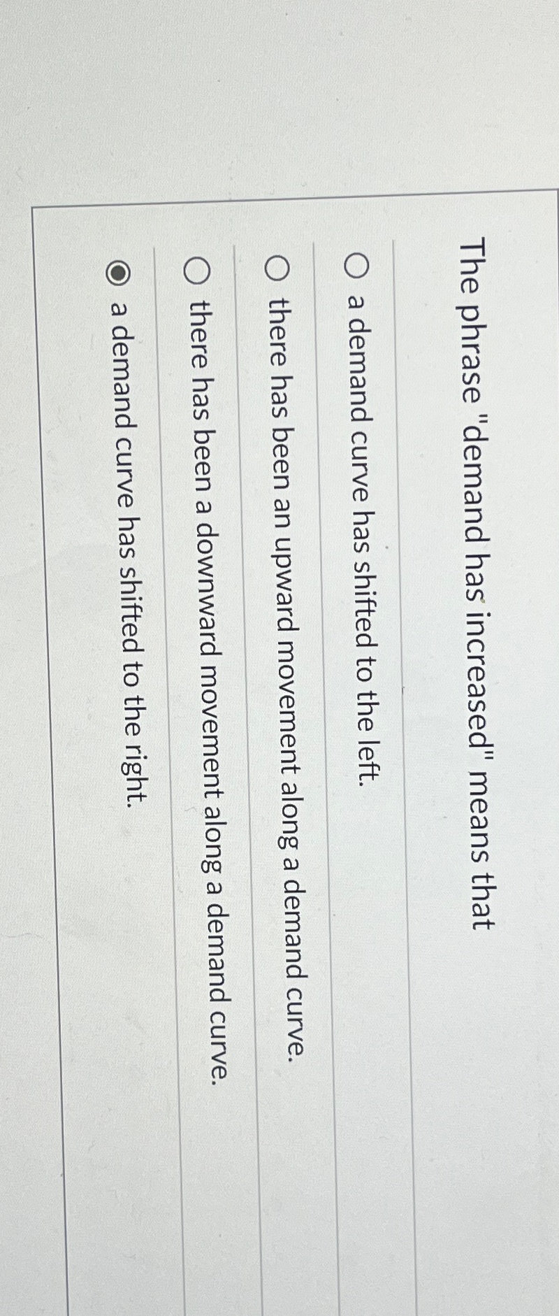Solved The phrase "demand has increased" means thata demand | Chegg.com