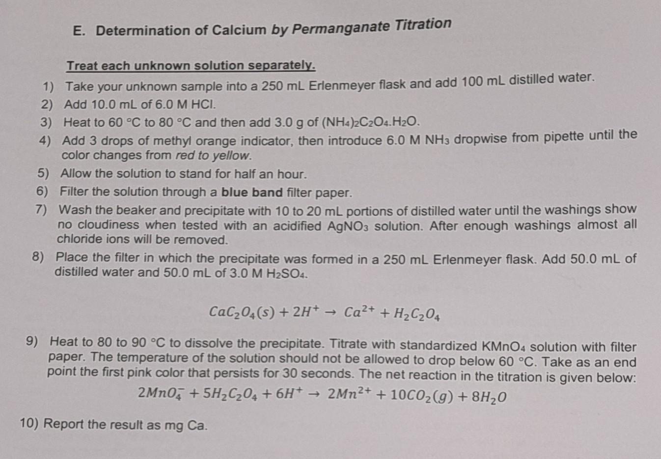 Solved E. Determination of Calcium by Permanganate Titration | Chegg.com