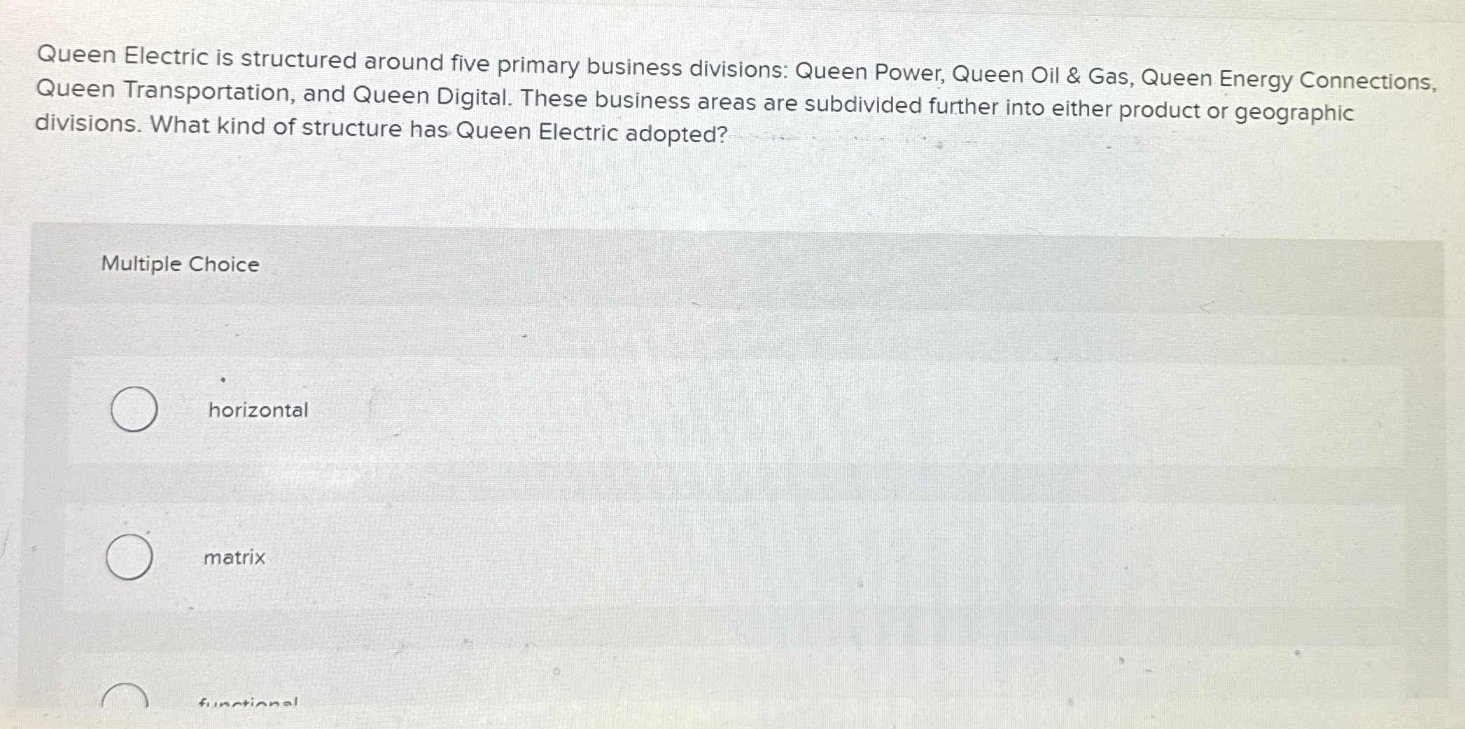 Solved Queen Electric is structured around five primary | Chegg.com