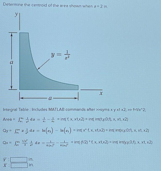Solved Determine the centroid of the area shown when a=2in. | Chegg.com