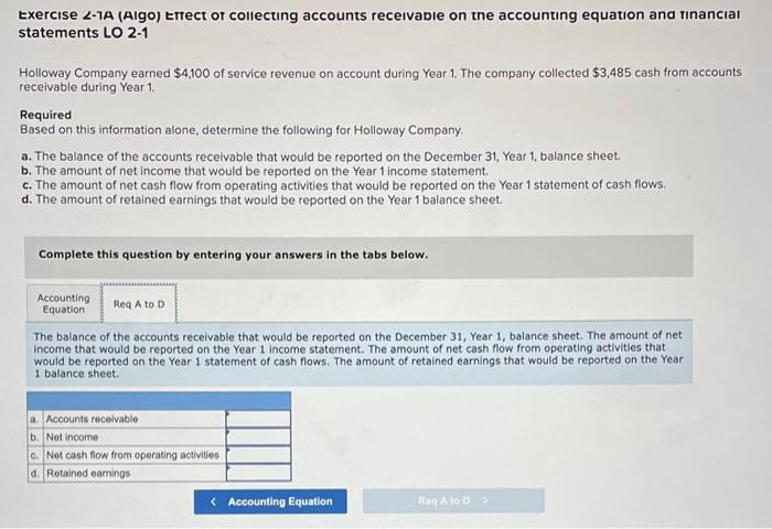 Solved Exercise 2-1A (Algo) Effect of collecting accounts | Chegg.com