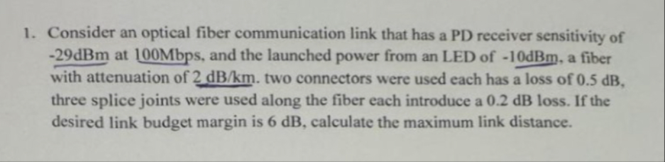 Solved Consider an optical fiber communication link that has | Chegg.com