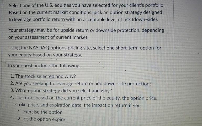 Select one of the U.S. equities you have selected for | Chegg.com