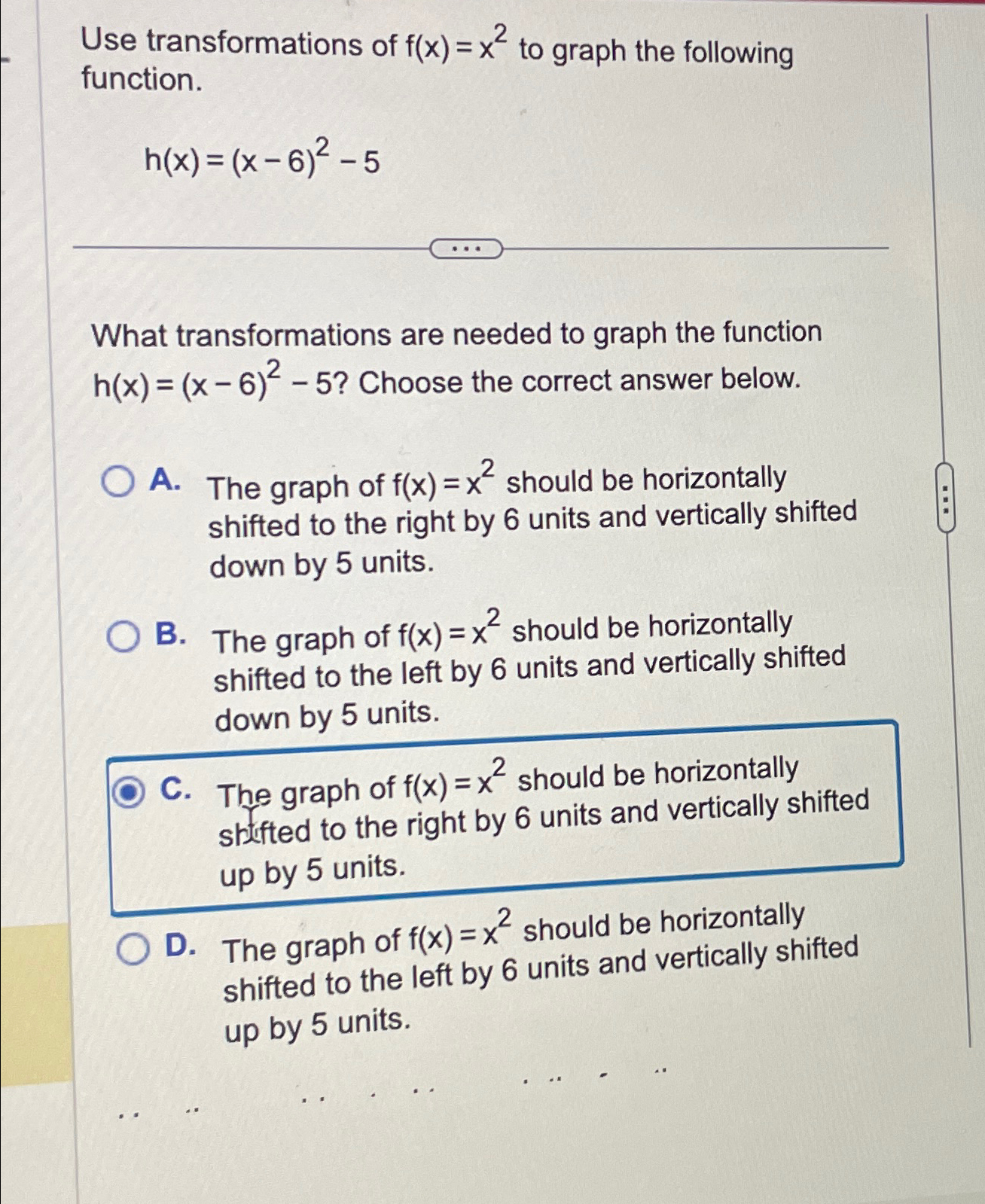 Solved Use transformations of f(x)=x2 ﻿to graph the | Chegg.com