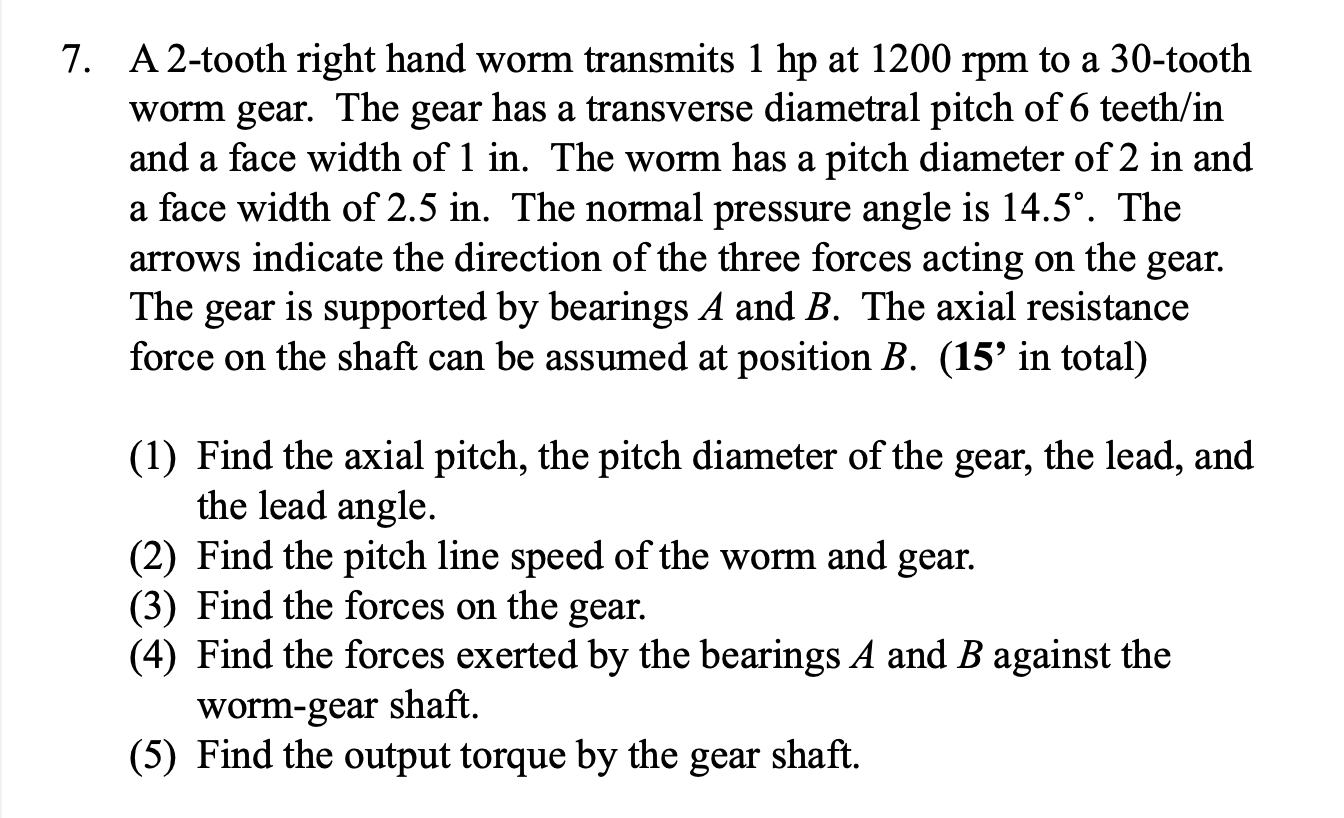 Solved 7. ﻿A 2-tooth right hand worm transmits 1 ﻿hp at 1200 | Chegg.com