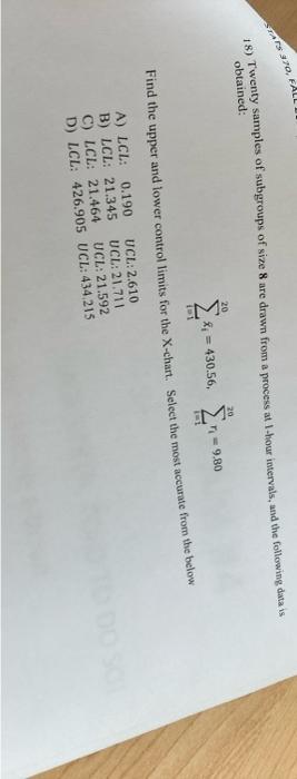 Solved 18) Twenty samples of subgroups of size 8 are drawn | Chegg.com
