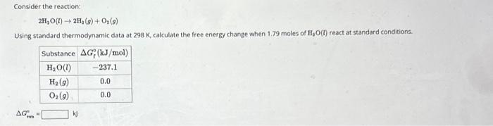 Solved Consider the reaction: 2H2O(t)→2H2(g)+O2(g) Using | Chegg.com