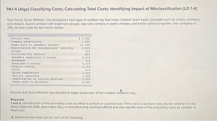 Solved PA1-4 (Algo) Classifying Costs; Calculating Total | Chegg.com